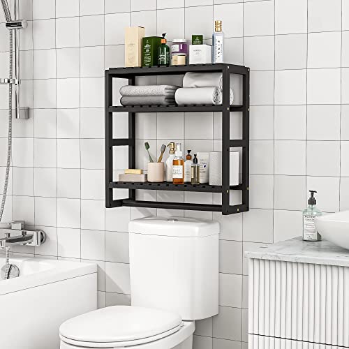 Galood Bathroom Organizer Shelves Black Adjustable 3 Tiers Floating Shelf Over The Toilet Storage with Hanging Rod