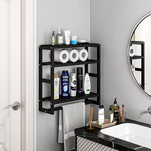 Galood Bathroom Organizer Shelves Black Adjustable 3 Tiers Floating Shelf Over The Toilet Storage with Hanging Rod