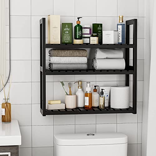 Galood Bathroom Organizer Shelves Black Adjustable 3 Tiers Floating Shelf Over The Toilet Storage with Hanging Rod