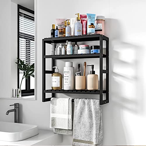 Galood Bathroom Organizer Shelves Black Adjustable 3 Tiers Floating Shelf Over The Toilet Storage with Hanging Rod