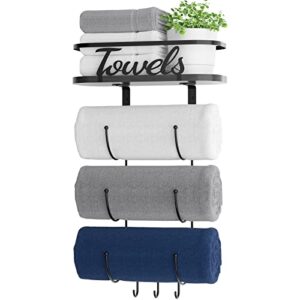 tinpin towel rack with wood shelf, towel holder for bathroom wall with 3 hooks, bath towel storage, bathroom organizer wall decor for small bathroom/rv/camper/farmhouse-black