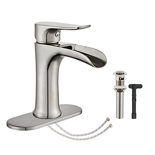 Brushed Nickel Bathroom Faucet, Yundoom Waterfall Bathroom Faucet Pop Up Drain, Single Hole Bathroom Faucet, Single Handle Bathroom Sink Faucet, Bathroom Faucets Brushed Nickel, Vanity Sink Faucet