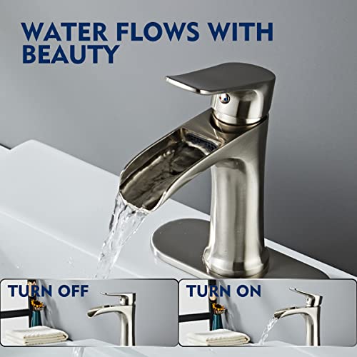 Brushed Nickel Bathroom Faucet, Yundoom Waterfall Bathroom Faucet Pop Up Drain, Single Hole Bathroom Faucet, Single Handle Bathroom Sink Faucet, Bathroom Faucets Brushed Nickel, Vanity Sink Faucet