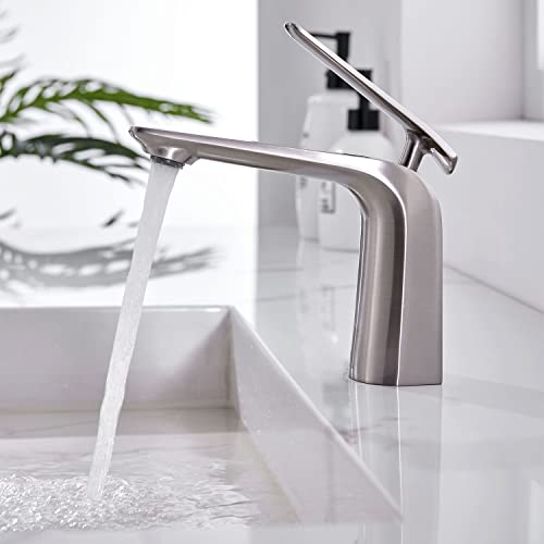 TOCALOCA 1 Handle Bathroom Faucet Brushed Nickel Sink Faucet, One Hole Bathroom Sink Faucet, Modern Basin Mixer Taps, Premium Copper Vanity Vessel Faucet with Water Supply Hose