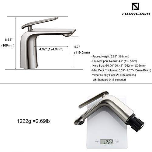 TOCALOCA 1 Handle Bathroom Faucet Brushed Nickel Sink Faucet, One Hole Bathroom Sink Faucet, Modern Basin Mixer Taps, Premium Copper Vanity Vessel Faucet with Water Supply Hose