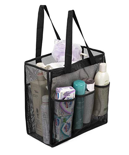 ALYER Big Mesh Shower Bag Tote,Portable Dry Wet Separation Bath Organizer with a Clear Zippered PVC Pocket (Black)