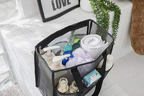 ALYER Big Mesh Shower Bag Tote,Portable Dry Wet Separation Bath Organizer with a Clear Zippered PVC Pocket (Black)