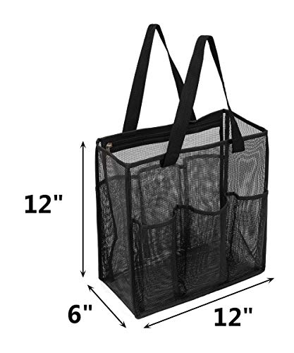 ALYER Big Mesh Shower Bag Tote,Portable Dry Wet Separation Bath Organizer with a Clear Zippered PVC Pocket (Black)