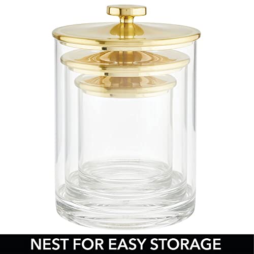 mDesign Plastic Apothecary Canister Jar Storage Organizer for Bathroom, Bedroom, Vanity, Kitchen Cabinet Organization - Holds Cotton Swab - Lumiere Collection - Set of 3 - Clear/Soft Brass