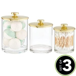 mDesign Plastic Apothecary Canister Jar Storage Organizer for Bathroom, Bedroom, Vanity, Kitchen Cabinet Organization - Holds Cotton Swab - Lumiere Collection - Set of 3 - Clear/Soft Brass