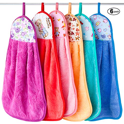 PINOWU [6 Pack] Super Soft Hanging Hand Towel for Kitchen and Bathroom, Ultra Absorbent Thick Coral Velvet Hand Towels Washcloth with Hanging Loop, Fast Drying Microfiber Towel 12”x16”