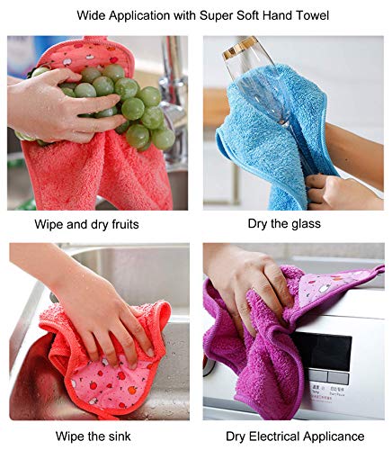 PINOWU [6 Pack] Super Soft Hanging Hand Towel for Kitchen and Bathroom, Ultra Absorbent Thick Coral Velvet Hand Towels Washcloth with Hanging Loop, Fast Drying Microfiber Towel 12”x16”