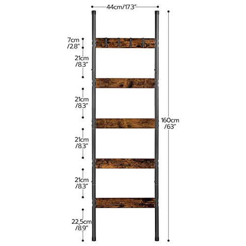 HOOBRO Blanket Ladder, 5-Tier Towel Rack with Hooks, Wall-Leaning Blanket Rack, Decorative Display Ladder Shelf, Scarves, Industrial, Living Room, Bedroom, Rustic Brown and Black BF52CJ01