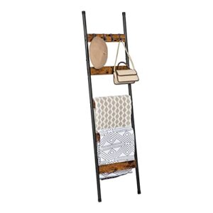 HOOBRO Blanket Ladder, 5-Tier Towel Rack with Hooks, Wall-Leaning Blanket Rack, Decorative Display Ladder Shelf, Scarves, Industrial, Living Room, Bedroom, Rustic Brown and Black BF52CJ01