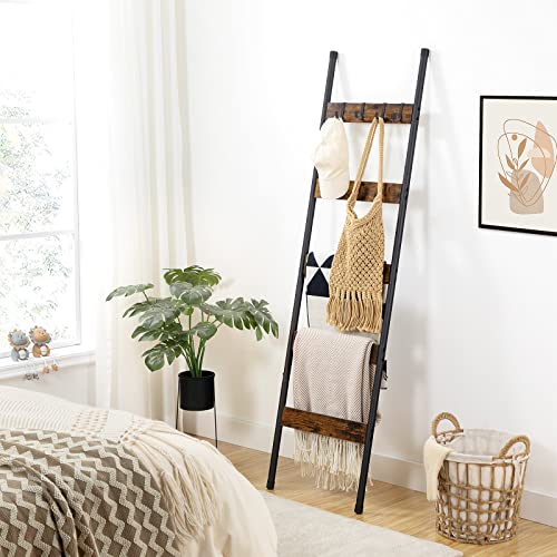 HOOBRO Blanket Ladder, 5-Tier Towel Rack with Hooks, Wall-Leaning Blanket Rack, Decorative Display Ladder Shelf, Scarves, Industrial, Living Room, Bedroom, Rustic Brown and Black BF52CJ01