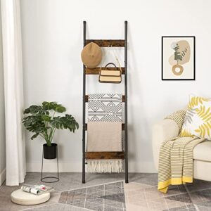 HOOBRO Blanket Ladder, 5-Tier Towel Rack with Hooks, Wall-Leaning Blanket Rack, Decorative Display Ladder Shelf, Scarves, Industrial, Living Room, Bedroom, Rustic Brown and Black BF52CJ01