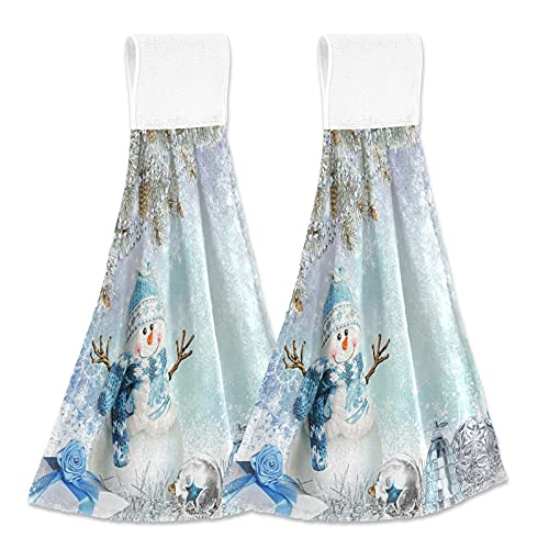 KOCOART Christmas Snowman Gifts Kitchen Towels Winter Snowflakes Hanging Hand Towel for Bathroom with Loop, Soft Absorbent Coral Velvet Fingertip Dish Tie Towel Oven Handle Towel Set of 2