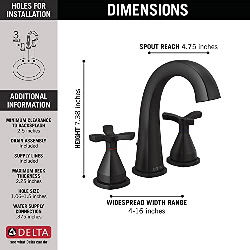 Delta Faucet Stryke Widespread Bathroom Faucet 3 Hole, Matte Black Bathroom Faucet Black, Bathroom Sink Faucet, DIAMOND Seal Technology, Metal Drain Assembly, Matte Black 357756-BLMPU-DST