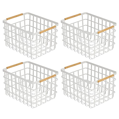 mDesign Metal Wire Closet Storage Basket Bin Organizer with Wood Handles for Bedroom, Bathroom, Mudroom, Entryway, Hallway, or Linen Closet Organization - Yami Collection - 4 Pack, Matte White/Natural