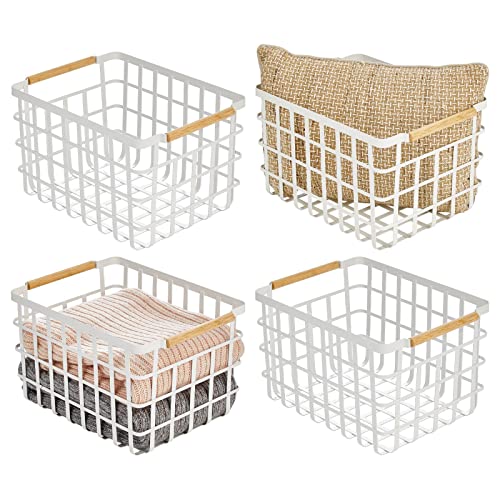 mDesign Metal Wire Closet Storage Basket Bin Organizer with Wood Handles for Bedroom, Bathroom, Mudroom, Entryway, Hallway, or Linen Closet Organization - Yami Collection - 4 Pack, Matte White/Natural