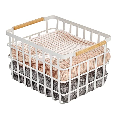 mDesign Metal Wire Closet Storage Basket Bin Organizer with Wood Handles for Bedroom, Bathroom, Mudroom, Entryway, Hallway, or Linen Closet Organization - Yami Collection - 4 Pack, Matte White/Natural