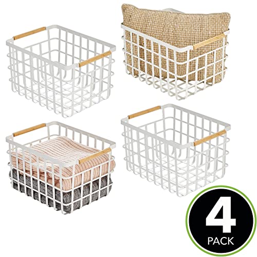 mDesign Metal Wire Closet Storage Basket Bin Organizer with Wood Handles for Bedroom, Bathroom, Mudroom, Entryway, Hallway, or Linen Closet Organization - Yami Collection - 4 Pack, Matte White/Natural