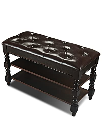 E EYOUPINO Storage Bench Vintage Solid Wood Shoe Bench 3 Tier Wooden Entryway Bench Shoe Rack with Leather Cushion Seating Brown (31.5’’)