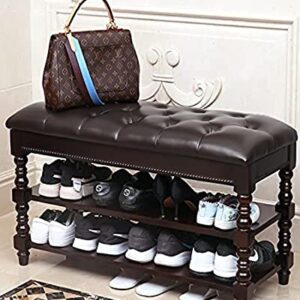 E EYOUPINO Storage Bench Vintage Solid Wood Shoe Bench 3 Tier Wooden Entryway Bench Shoe Rack with Leather Cushion Seating Brown (31.5’’)