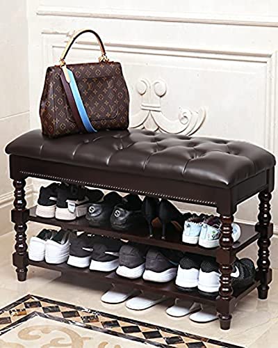 E EYOUPINO Storage Bench Vintage Solid Wood Shoe Bench 3 Tier Wooden Entryway Bench Shoe Rack with Leather Cushion Seating Brown (31.5’’)