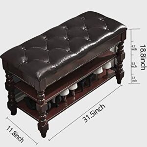 E EYOUPINO Storage Bench Vintage Solid Wood Shoe Bench 3 Tier Wooden Entryway Bench Shoe Rack with Leather Cushion Seating Brown (31.5’’)