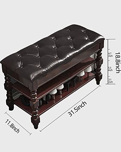 E EYOUPINO Storage Bench Vintage Solid Wood Shoe Bench 3 Tier Wooden Entryway Bench Shoe Rack with Leather Cushion Seating Brown (31.5’’)