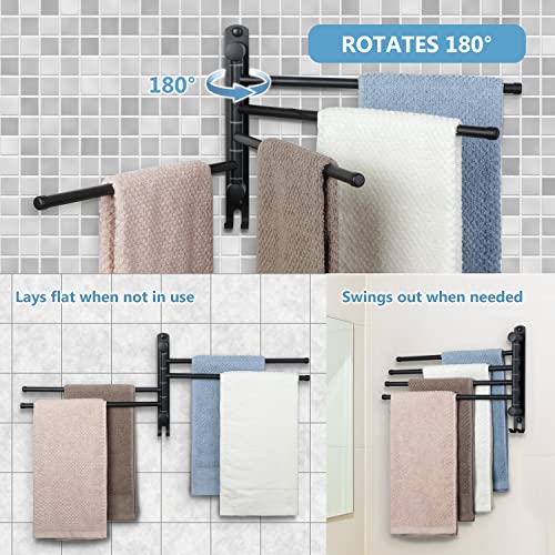 Black Towel Rack JSVER Swivel Towel Rack Wall Mounted, SUS304 Stainless Steel Towel Bar, Space Saving Towel Holder, Towel Racks for Bathroom