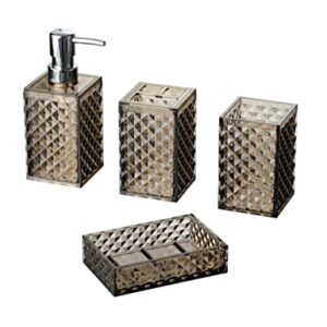 4 Piece Square Plastic Bathroom Accessories Set, Brown Diamond Pattern Bathroom Accessories Soap Dispenser, Toothbrush Holder, Tumbler and Soap Dish.