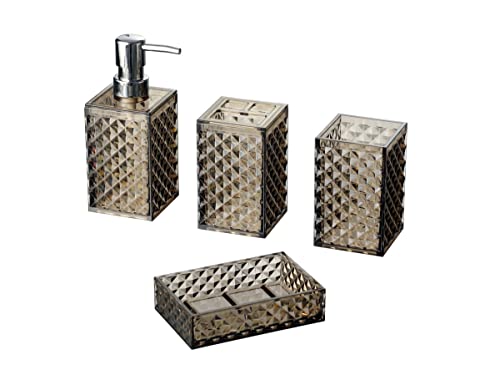 4 Piece Square Plastic Bathroom Accessories Set, Brown Diamond Pattern Bathroom Accessories Soap Dispenser, Toothbrush Holder, Tumbler and Soap Dish.