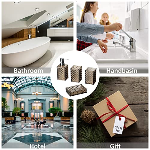 4 Piece Square Plastic Bathroom Accessories Set, Brown Diamond Pattern Bathroom Accessories Soap Dispenser, Toothbrush Holder, Tumbler and Soap Dish.