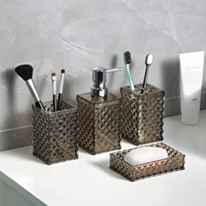 4 Piece Square Plastic Bathroom Accessories Set, Brown Diamond Pattern Bathroom Accessories Soap Dispenser, Toothbrush Holder, Tumbler and Soap Dish.