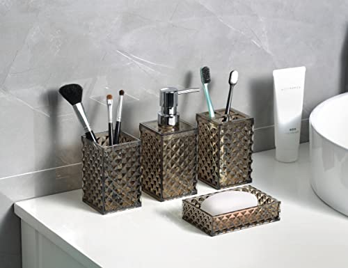 4 Piece Square Plastic Bathroom Accessories Set, Brown Diamond Pattern Bathroom Accessories Soap Dispenser, Toothbrush Holder, Tumbler and Soap Dish.