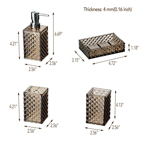 4 Piece Square Plastic Bathroom Accessories Set, Brown Diamond Pattern Bathroom Accessories Soap Dispenser, Toothbrush Holder, Tumbler and Soap Dish.