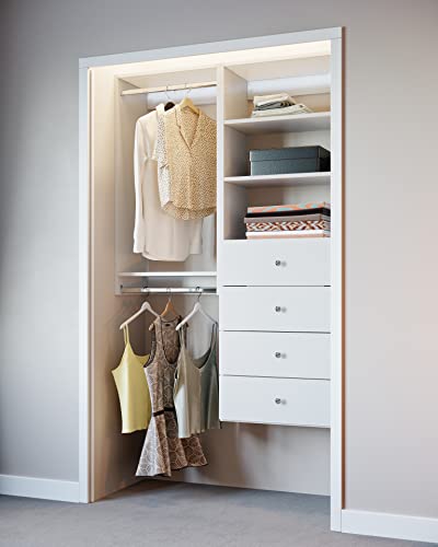 Closet Kit with Hanging Rods, Shelves & Drawers - Corner Closet System - Closet Shelves - Closet Organizers and Storage Shelves (White, 51 inches Wide) Closet Shelving