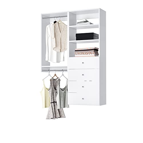 Closet Kit with Hanging Rods, Shelves & Drawers - Corner Closet System - Closet Shelves - Closet Organizers and Storage Shelves (White, 51 inches Wide) Closet Shelving