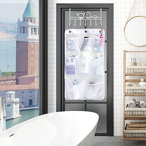 KIMBORA Mesh Shower Organizer Hanging Bathroom Caddy 8 Pockets Hang Curtain Rod with 3 Rings