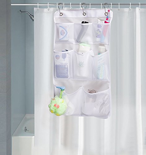 KIMBORA Mesh Shower Organizer Hanging Bathroom Caddy 8 Pockets Hang Curtain Rod with 3 Rings