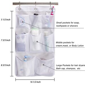 KIMBORA Mesh Shower Organizer Hanging Bathroom Caddy 8 Pockets Hang Curtain Rod with 3 Rings