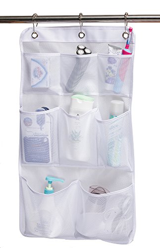 KIMBORA Mesh Shower Organizer Hanging Bathroom Caddy 8 Pockets Hang Curtain Rod with 3 Rings