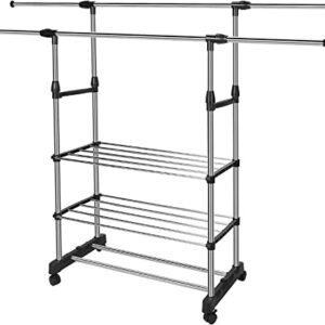 KOCASO Rolling Clothes Rack Stainless Steel for Hanging Clothes,Adjustable Double Rod Haning Rack Dual Rod Expandable Garment Rack with Wheels, ,Black,59.1in L x 16.1in W x 57.1in H