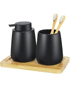 black soap dispenser and toothbrush holder set of 2, 12oz ceramic hand soap dispenser and toothbrush cup holders for farmhouse bathroom decor with wooden tray