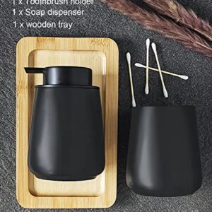 Black Soap Dispenser and Toothbrush Holder Set of 2, 12oz Ceramic Hand Soap Dispenser and Toothbrush Cup Holders for Farmhouse Bathroom Decor with Wooden Tray