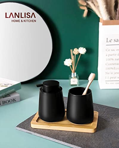 Black Soap Dispenser and Toothbrush Holder Set of 2, 12oz Ceramic Hand Soap Dispenser and Toothbrush Cup Holders for Farmhouse Bathroom Decor with Wooden Tray