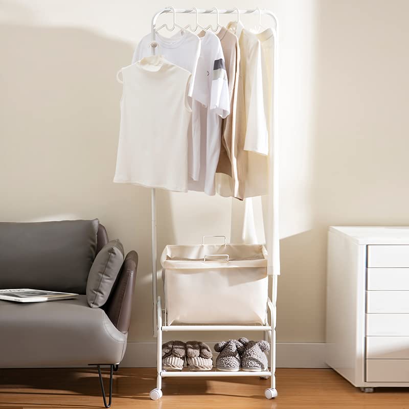 Hall tree Rack on wheels ,3 sections Laundry Cart on Entrance with shoe Storage Frames, top metal Garment Hanger rob, a removable Laundry Bag for organiser or storage,metal coat rack (white)