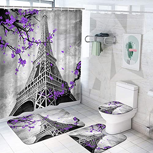 DuoBaorom 4 Pieces Set Building Shower Curtain Set Eiffel Tower Leaning Tower Big Ben Purple Flower on Non-Slip Rugs Toilet Lid Cover Bath Mat and Bathroom Curtain with 12 Hooks 72x72inch